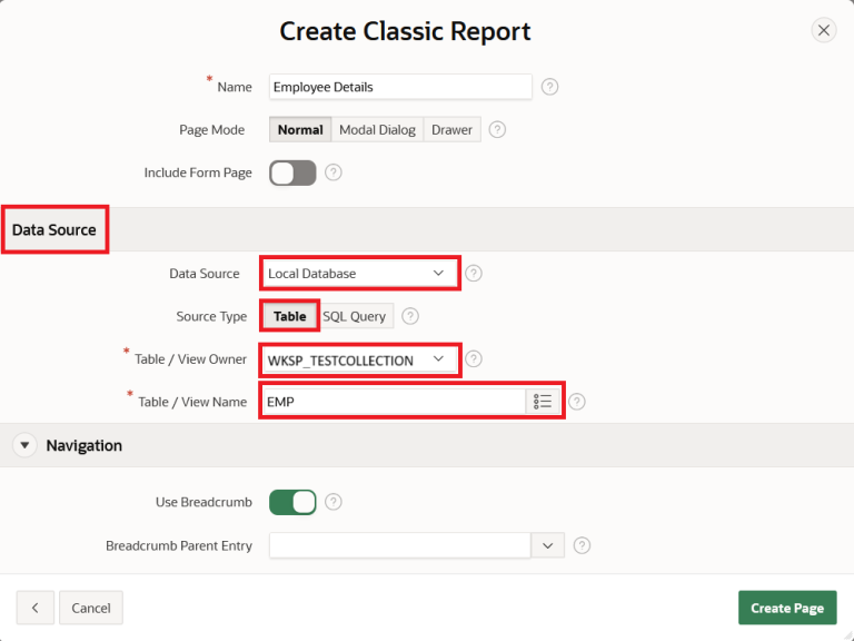 Creating a Classic Report Using the Create Page Wizard and Show Its Region Content Dynamically ...