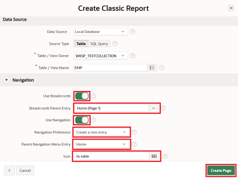 Creating a Classic Report Using the Create Page Wizard and Show Its Region Content Dynamically ...