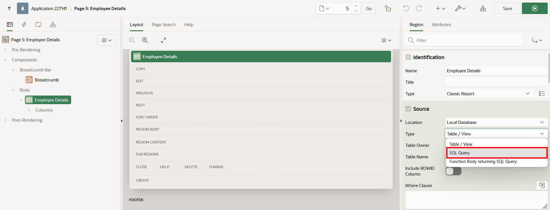 Creating a Classic Report Using the Create Page Wizard and Show Its Region Content Dynamically ...